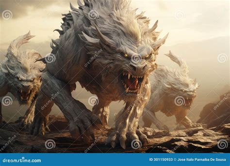 Fearsome Chimera With Multiple Heads Prowling A Royalty Free Stock