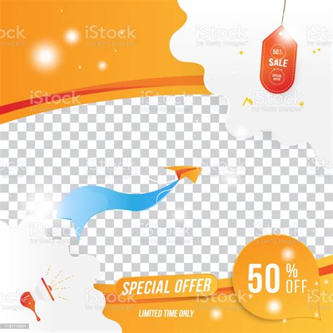 소셜 페이지에 대한 배너입니다 특별 제공 메가 세일 50 비행기 구름의 투명 한 배경에 라우드 스피커 종이와 빛나는 조명에서 잘라 개념에 대한 스톡 벡터 아트 및 기타