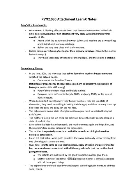 PSYC Attachment Learn X Notes PSYC Attachment LearnX Notes Babys First Relationship