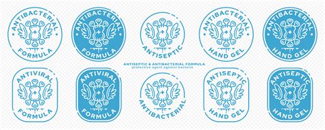 제품 포장을 위한 개념 마킹 항균 포뮬러 날개와 액체 성분박테리아가 있는 고무 스탬프 자유의 상징 죽이고 증발하고 박테리아와 세균을 죽입니다 벡터 집합입니다 건강관리와