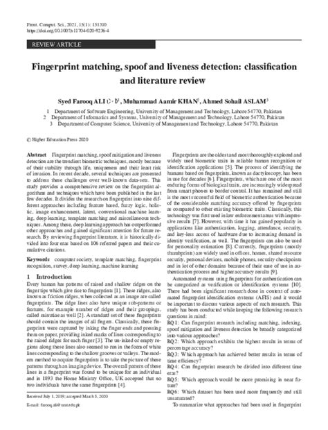 Pdf Fingerprint Matching Spoof And Liveness Detection Classification And Literature Review