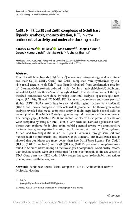 Coii Niii Cuii And Znii Complexes Of Schiff Base Ligands Synthesis Characterization