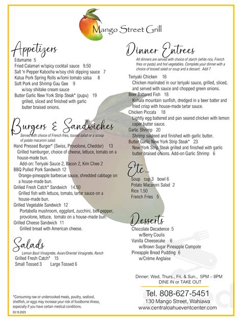 Menu For Mango Street Grill In Wahiawa Hi Sirved