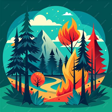 Forest Fire Burning Trees Forest Wildfire Vector Illustration Premium