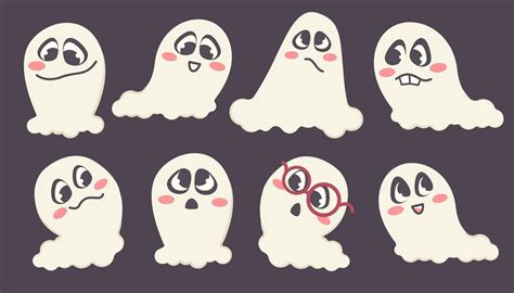 Set Of Funny Cute Ghosts Halloween Characters With Different Emotions