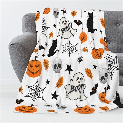 Luxury Fuzzy Halloween Blanket Pumpkin Ghosts Bat Spider Web Cat Maple