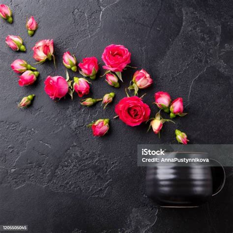 검은 돌 배경에 신선한 장미 꽃 티 컵 맨 위 보기 공간을 복사합니다 검정색 배경에 대한 스톡 사진 및 기타 이미지 검정색 배경 장미 탁자 Istock