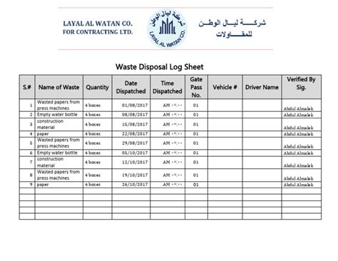 Waste Disposal Log Sheet Pdf