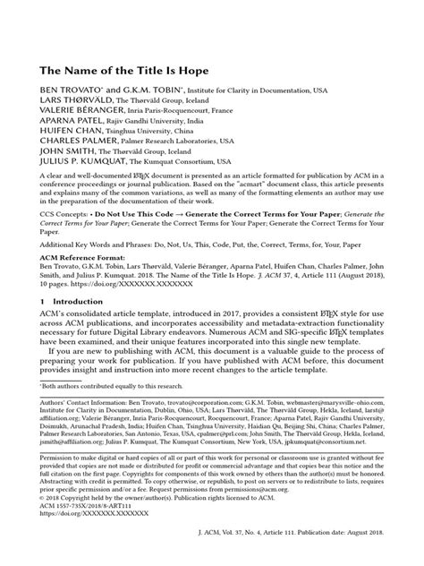 Association For Computing Machinery Acm Small Standard Format Template Pdf Association For