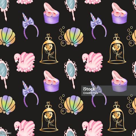 동화와 놀이 공원 요소의 원활한 패턴 어두운 배경에 일러스트 레이 션 여자 인어에 대한 스톡 벡터 아트 및 기타 이미지 여자 인어 연속무늬 0명 Istock