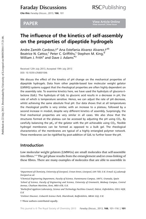 Pdf The Influence Of The Kinetics Of Self Assembly On The Properties Of Dipeptide Hydrogels