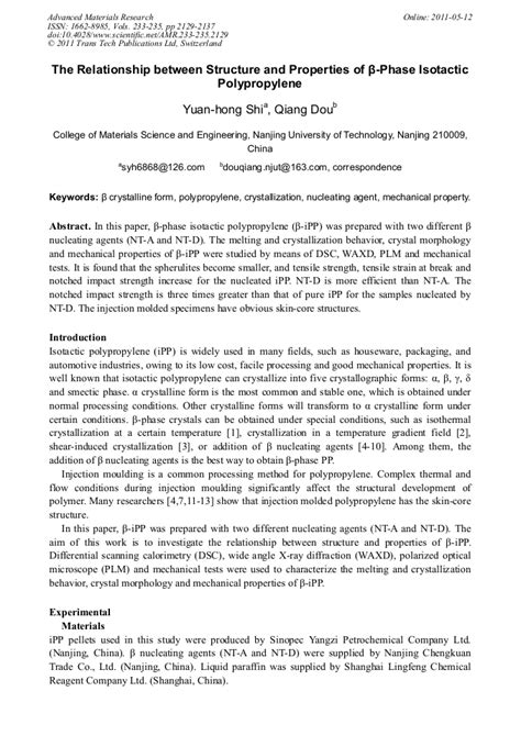 The Relationship Between Structure And Properties Of β Phase Isotactic Polypropylene