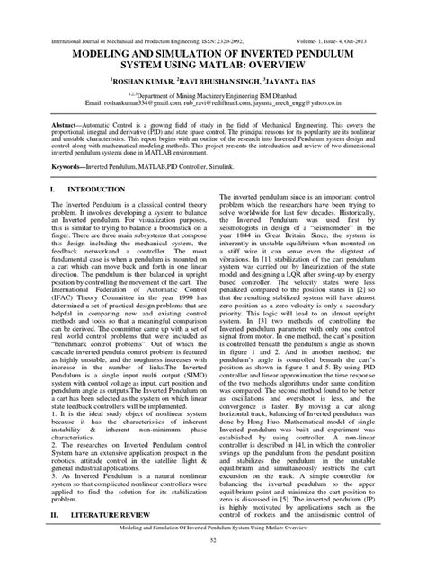 Modeling And Simulation Of Inverted Pendulum System Using Matlab Overview Pdf Lagrangian