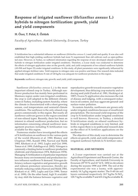 Pdf Response Of Irrigated Sunflower Helianthus Annuus L Hybrids To Nitrogen Fertilization