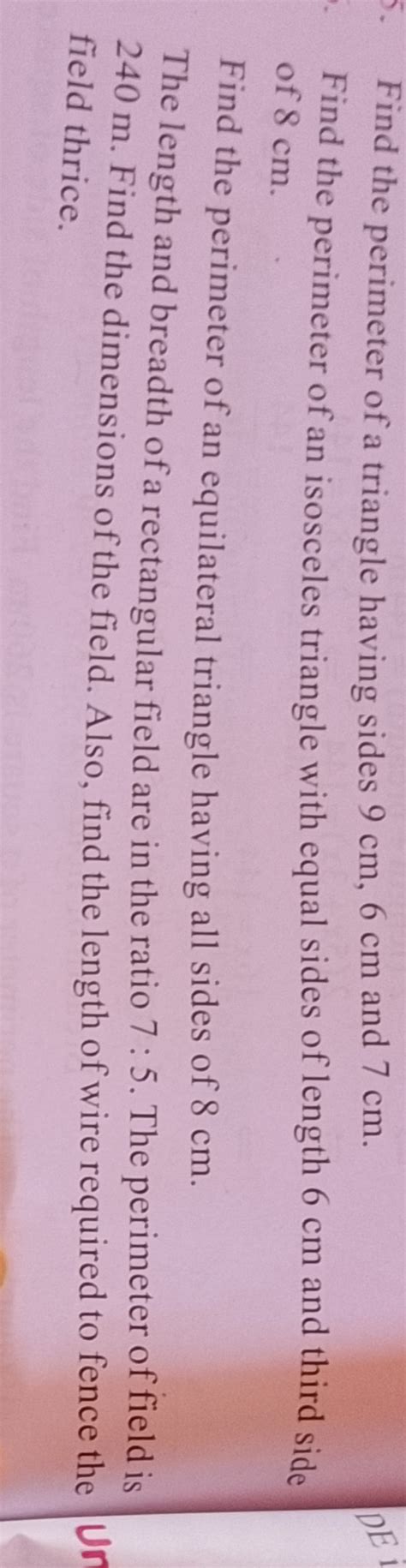 Find The Perimeter Of A Triangle Having Sides 9 Cm 6 Cm And 7 Cm Find T