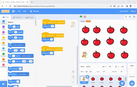 การสร้างเกมด้วยโปรแกรม Scratch เกมเก็บลูกแอปเปิ้ล ควบคุมด้วยปุ่มกดบนแป้นพิมพ์