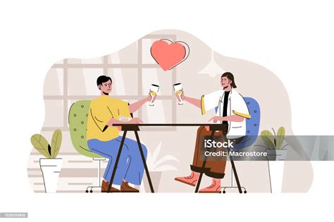 로맨틱 데이트 컨셉 사랑하는 남자와 여자 레스토랑과 음료 상황에서 데이트 커플 인물 장면에서의 관계 웹 사이트 및 모바일 사이트에 대한 평면 문자 디자인벡터 일러스트레이션