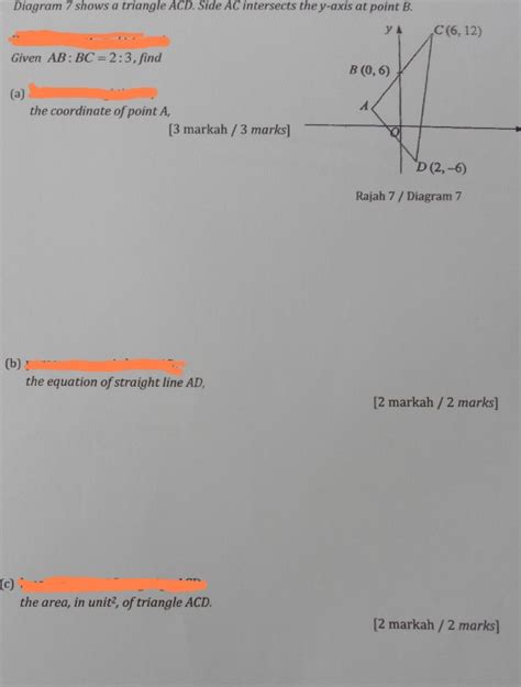 Solved Diagram 7 Shows A Triangle Acd Side Ac Intersects The Y Axis At Point B Given Ab Bc 2