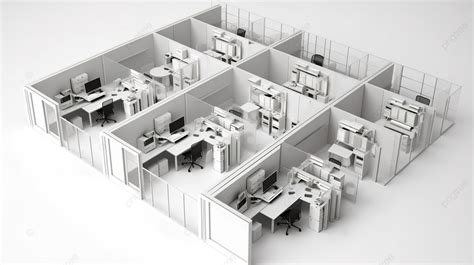 책상과 사무실 장비가 있는 레이아웃 사무실의 이미지 3d 렌더링 사무실에 칸막이가 있는 작업 공간의 3d 그림 고화질 사진 사진 사무실 배경 일러스트 및 사진 무료