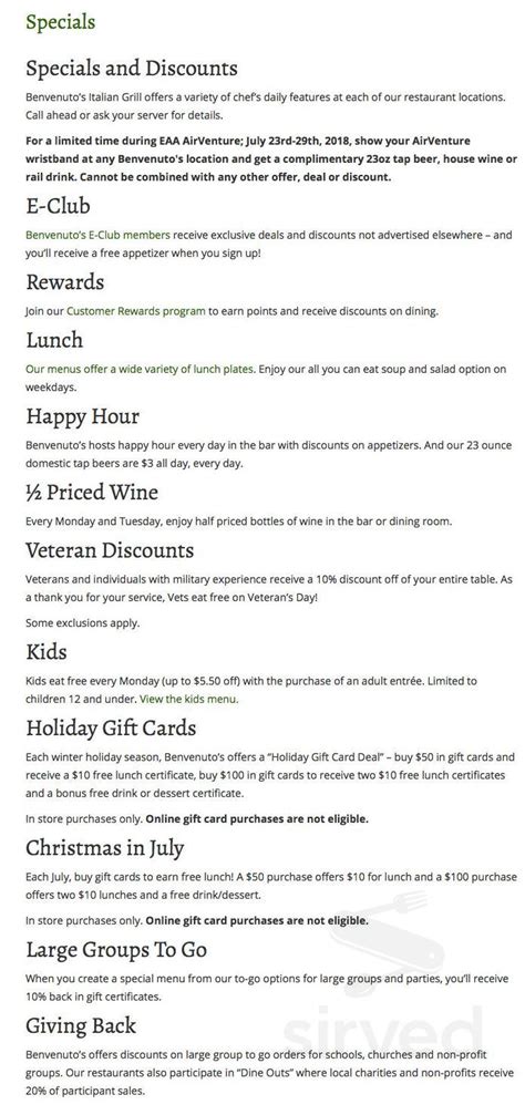 Menu For Benvenutos Italian Grill In Beaver Dam Wi Sirved