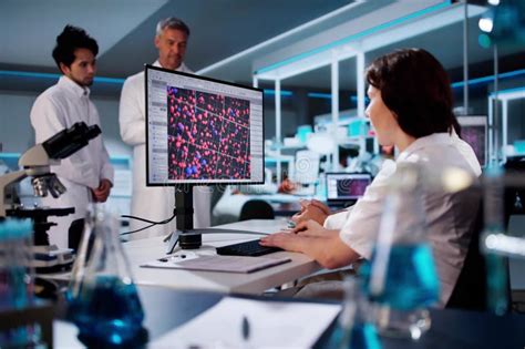 research lab scientist using computer stock image image of black