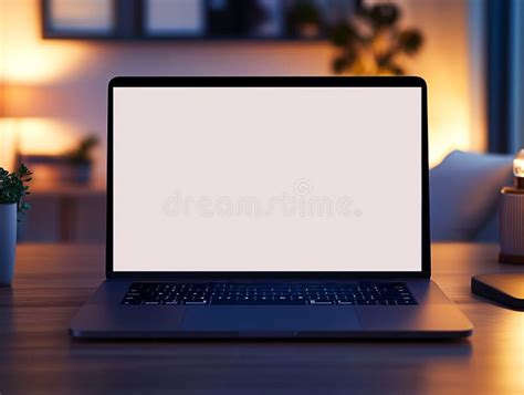 Modern Laptop Showing Blank Screen On Wooden Desk In Cozy Home Office