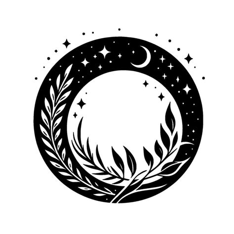 Celestial Circle Crescent Moon And Stars Within A Botanical Wreath A Minimalist In Black And