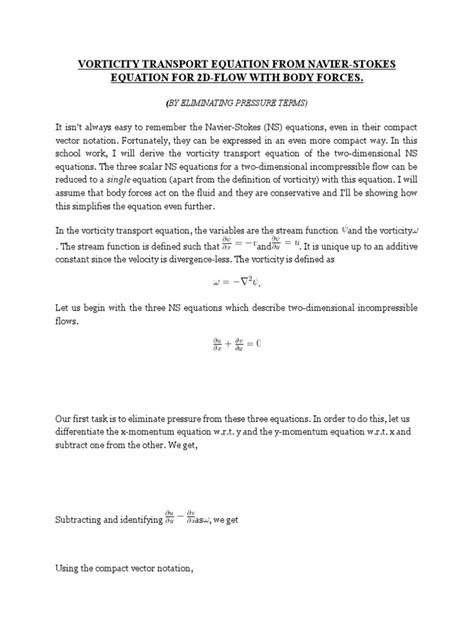 Vorticity Transport Equation From Navier Pdf Navier Stokes Equations Fluid Dynamics