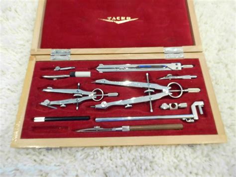 Vintage Tacro Drafting Drawing Architecture Tools Compass Wood Case