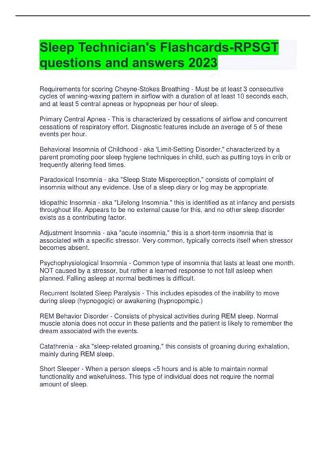 Sleep Technicians Flashcards Rpsgt Questions And Answers 2023 Sleep