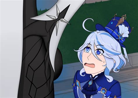 Rule 34 1futa 1girls Arlecchino Genshin Impact Blue Eyes Blue Hair Bulge Clothed Clothing