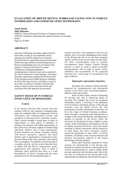 Pdf Evaluation Of Driver Mental Workload Facing New In Vehicle Information And Communication