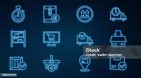 체크 표시 판지 판지 이쪽이 위로 쇼핑 카트 컴퓨터 창고 스톱워치 배달 트럭 및 봉투 유로 기호 아이콘이있는 라인 패키지 상자를 설정합니다 벡터 교통에 대한 스톡 벡터 아트