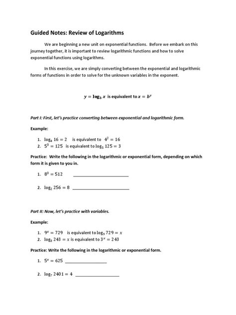 Guided Notes On Logarithmic Functions Pdf Logarithm Exponential Function
