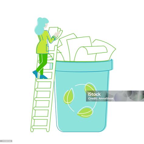 작은 여성 캐릭터는 재활용 기호와 함께 거대한 쓰레기통에 종이 쓰레기를 던져 도시 거주자 는 쓰레기를 수집합니다 폐기물 재활용 오염 및 생태 보호 개념 선형 벡터