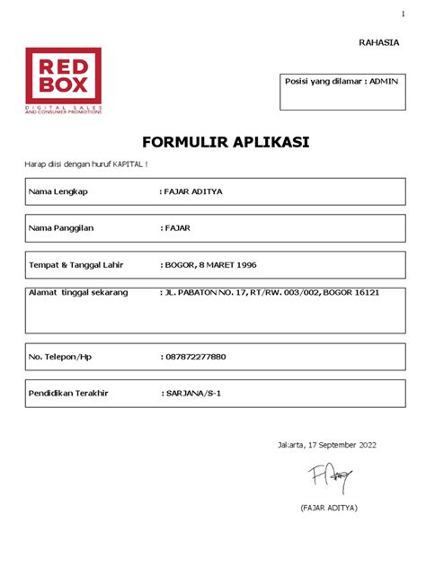 Mis Application Form 2022 Fajar Aditya Pdf