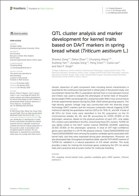 Qtl Cluster Analysis And Marker Development For Kernel Traits Based On
