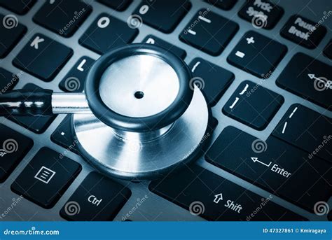 Computer Analysis Using A Stethoscope Stock Image Image Of Blue