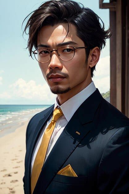 Premium Ai Image A Man In A Suit And Glasses Stands On A Beach