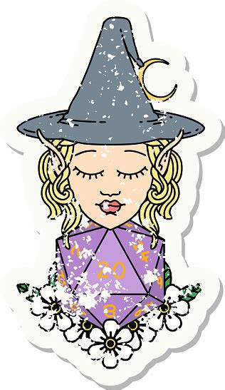 자연스러운 20 주사위 굴림을 가진 엘프 마법사 캐릭터의 그런지 스티커 굴리기에 대한 스톡 벡터 아트 및 기타 이미지 굴리기 꼬마 요정 마녀 Istock