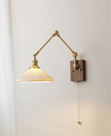 Vintage Brass Swing Arm Wall Sconce With Ribbed Glass Shade