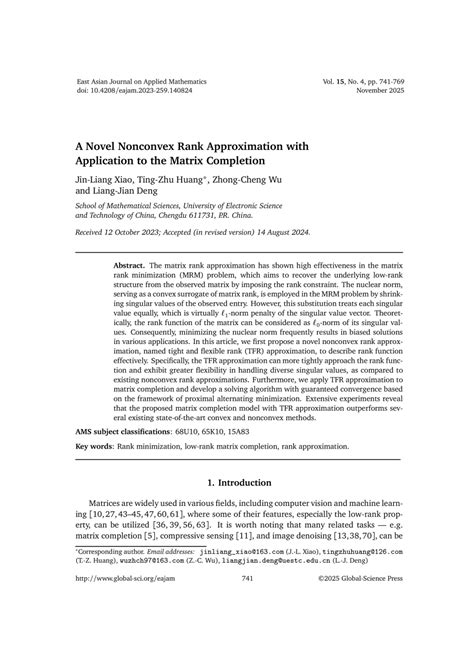 Global Science Press A Novel Nonconvex Rank Approximation With Application To The Matrix Completion