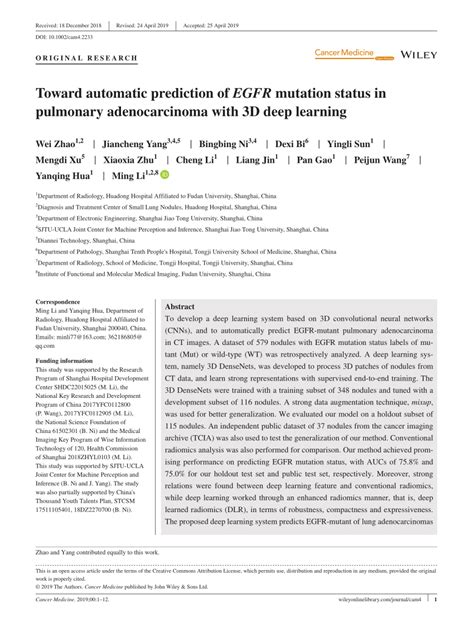 Pdf Toward Automatic Prediction Of Egfr Mutation Status In Pulmonary Adenocarcinoma With 3d