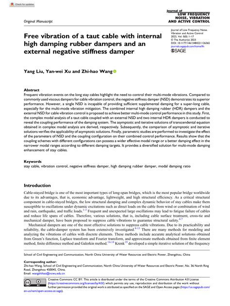 Pdf Free Vibration Of A Taut Cable With Internal High Damping Rubber Dampers And An External