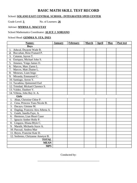 Basic Math Skill Test Record Pdf