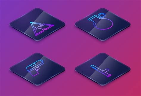 세트 등포 라인 일본 닌자 수리검 권총 또는 총 손 수류탄과 경찰 고무 지휘봉 파란색 정사각형 버튼 벡터 3차원 형태에 대한 스톡 벡터 아트 및 기타 이미지 Istock