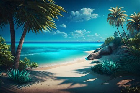 Premium Ai Image Panorama Of Tropical Beach With Coconut Palm Trees Neural Network Ai Generated
