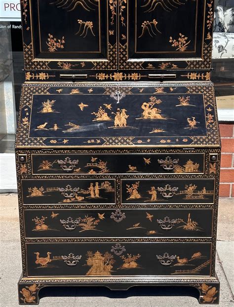 Queen Anne Style Burton Ching Black Chinoiserie Secretary Desk Bookcase