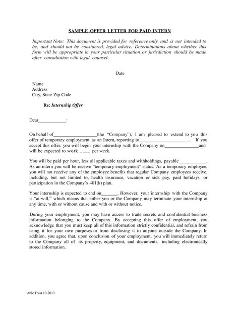 Offer Letter Internship Template