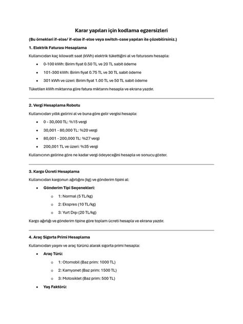 Karar Yapıları Için Kodlama Egzersizleri Pdf